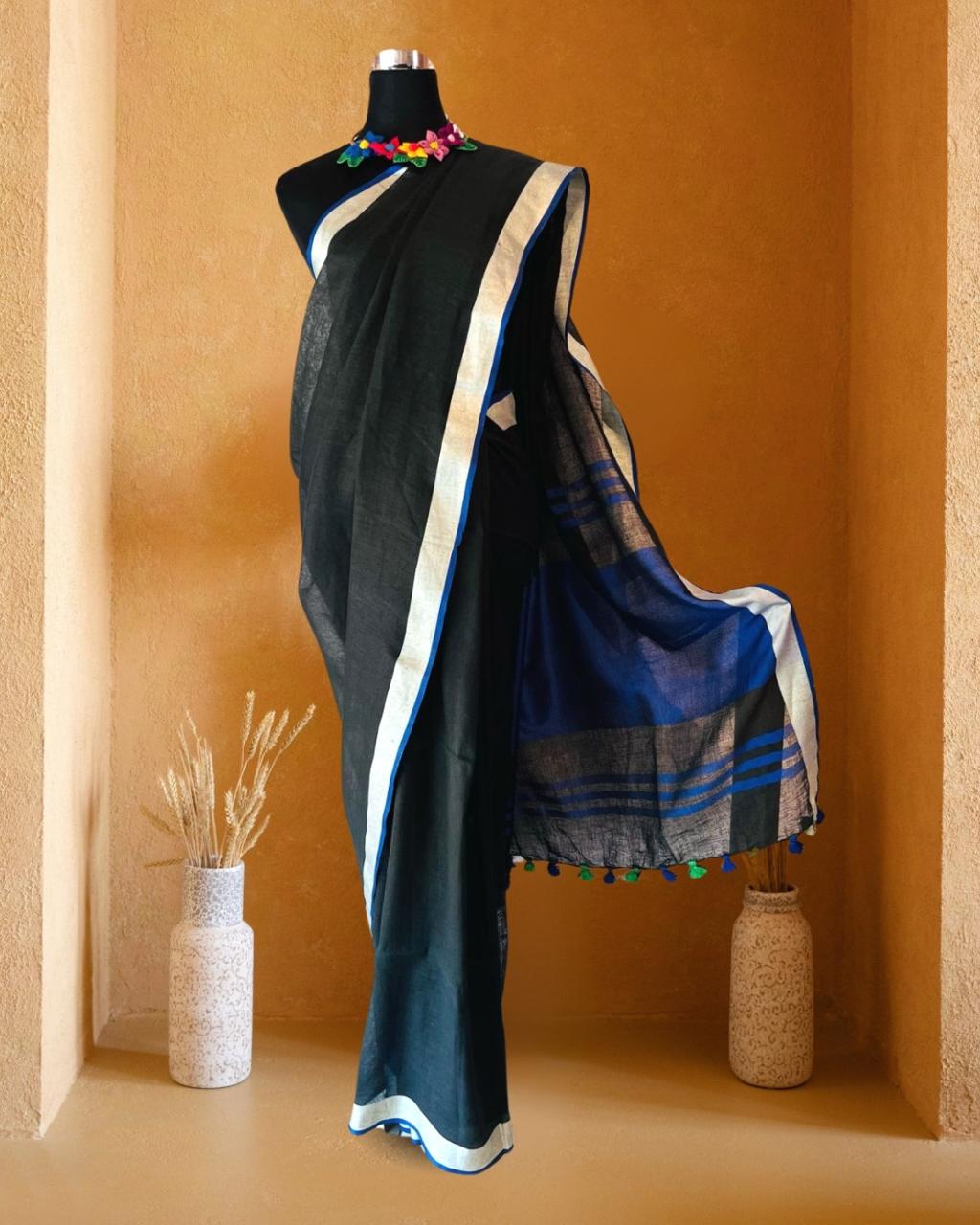 Black linen saree – SlowBazaar