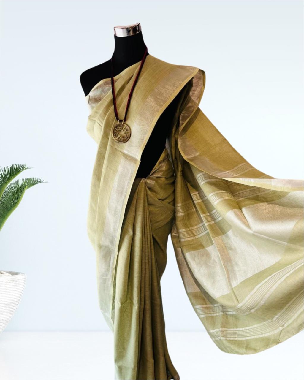 Pista Green Linen Saree – SlowBazaar