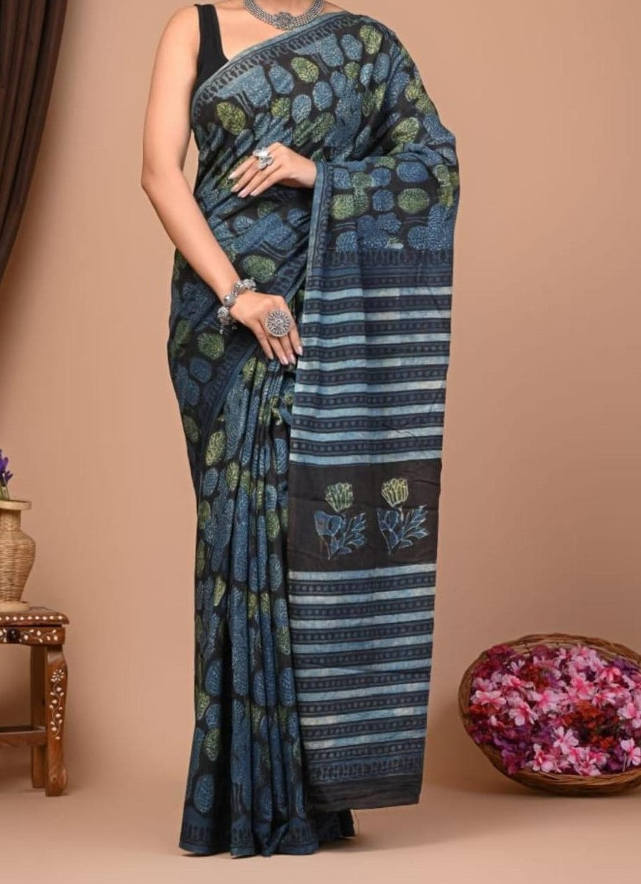 Handblock Mul Cotton Sarees – SlowBazaar